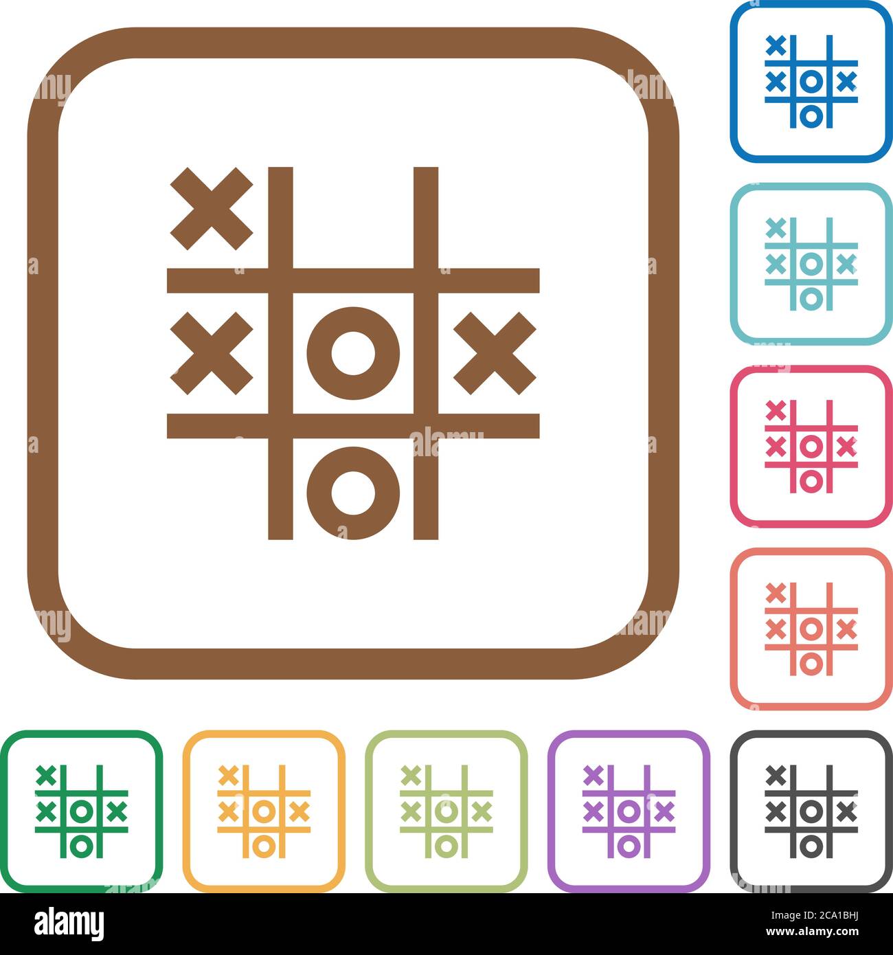 Tic tac toe game simple icons in color rounded square frames on white ...