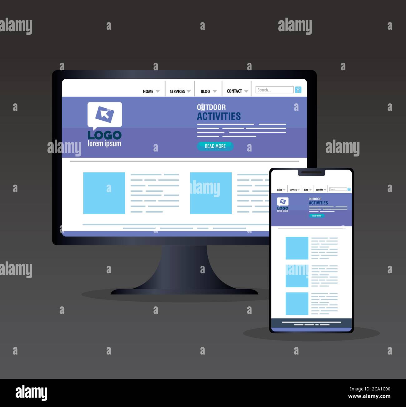 mockup responsive web, concept website development in desktop computer and smartphone Stock ...