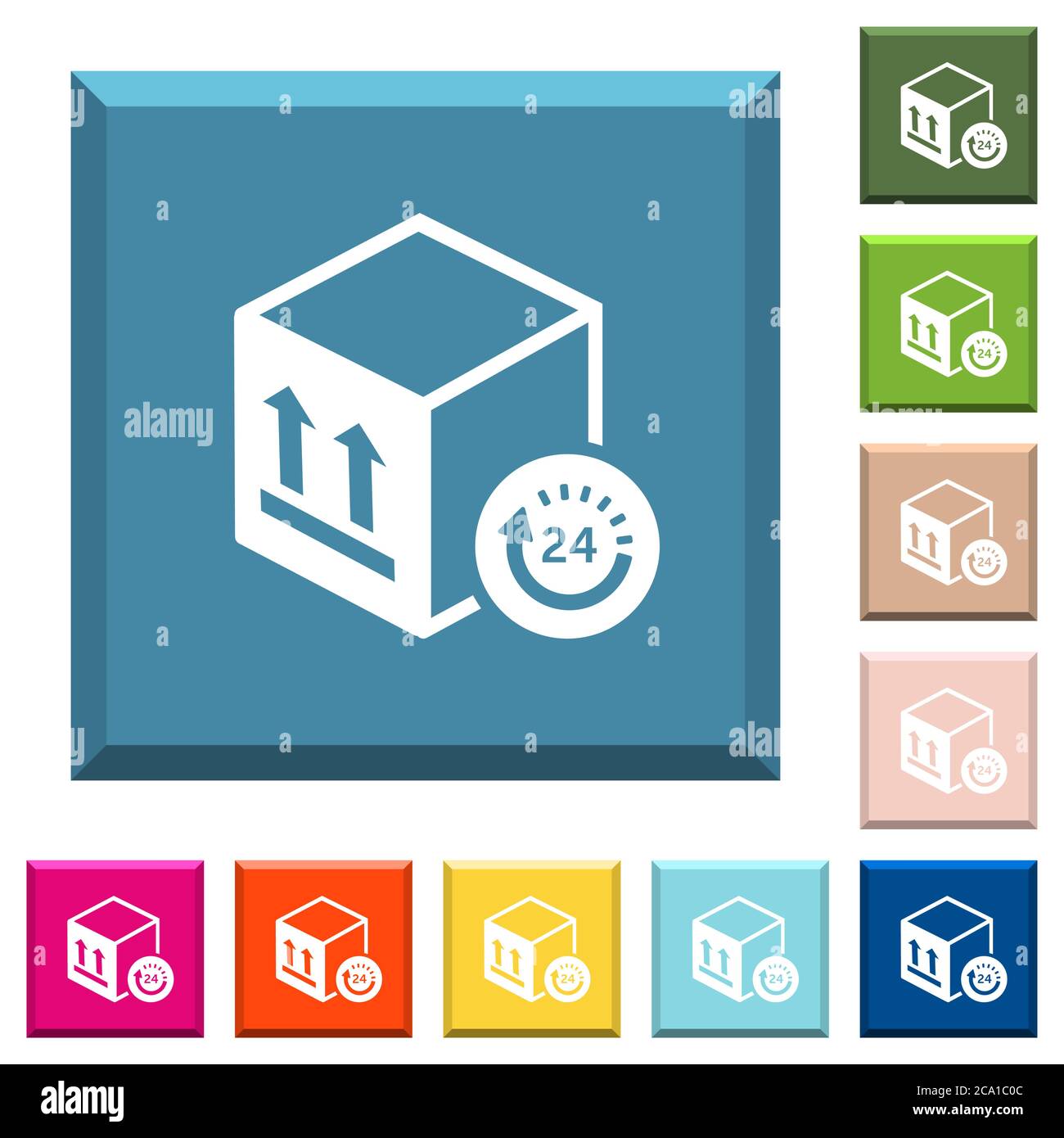 One day package delivery white icons on edged square buttons in various ...