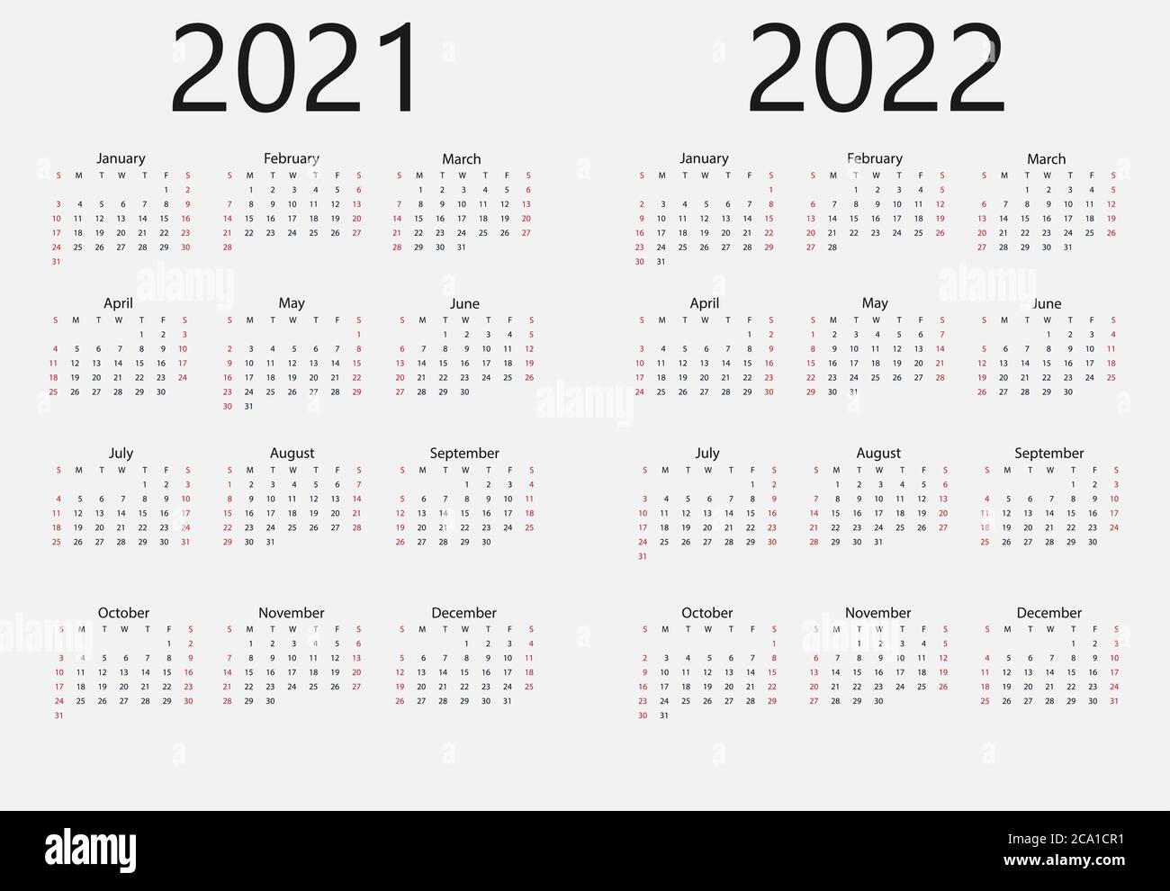 2021, 2022 calendar, week starts Sunday. Vector illustration, flat ...