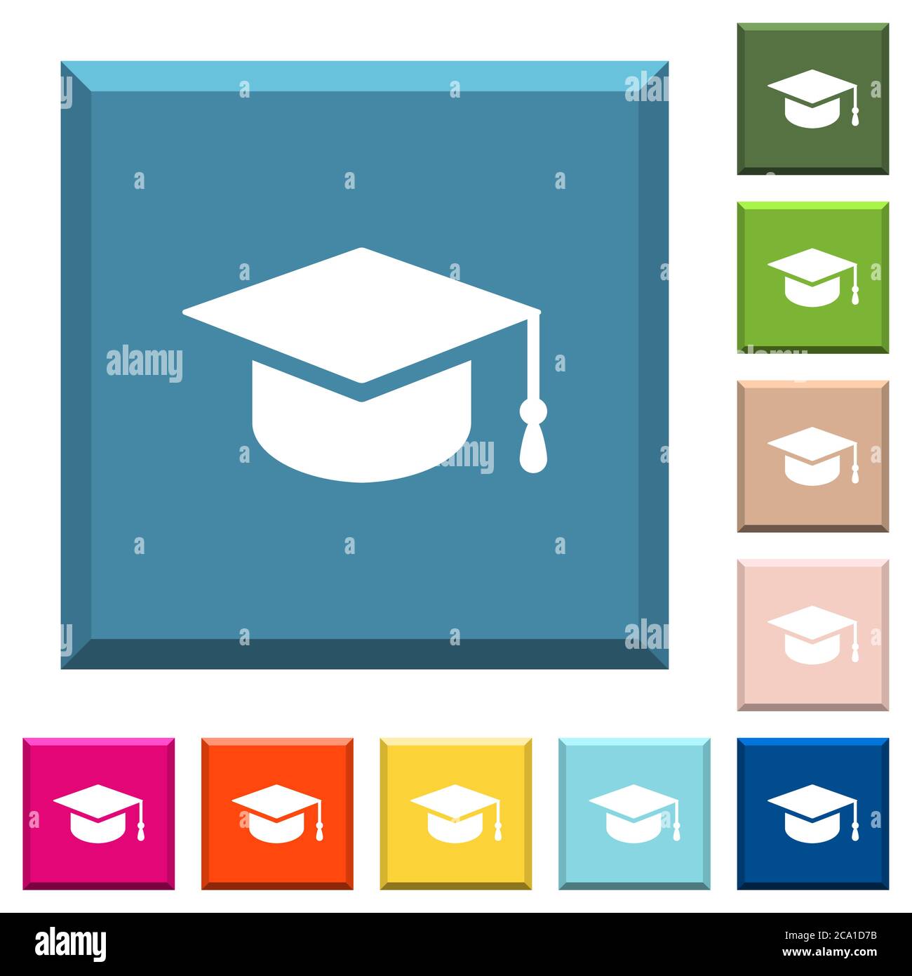 Graduation cap white icons on edged square buttons in various trendy ...