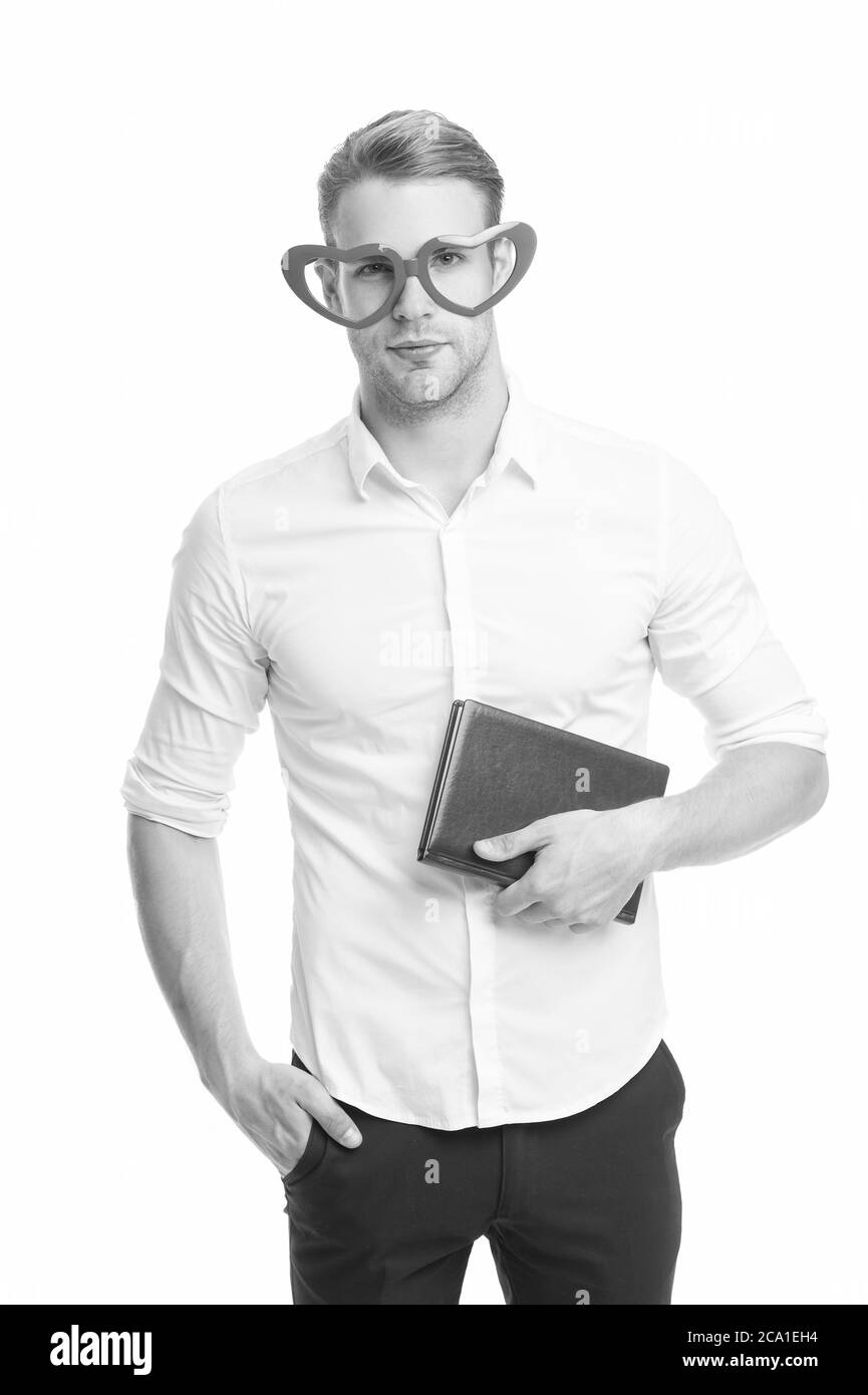 Walking encyclopedia. Funny man hold encyclopedia isolated on white ...