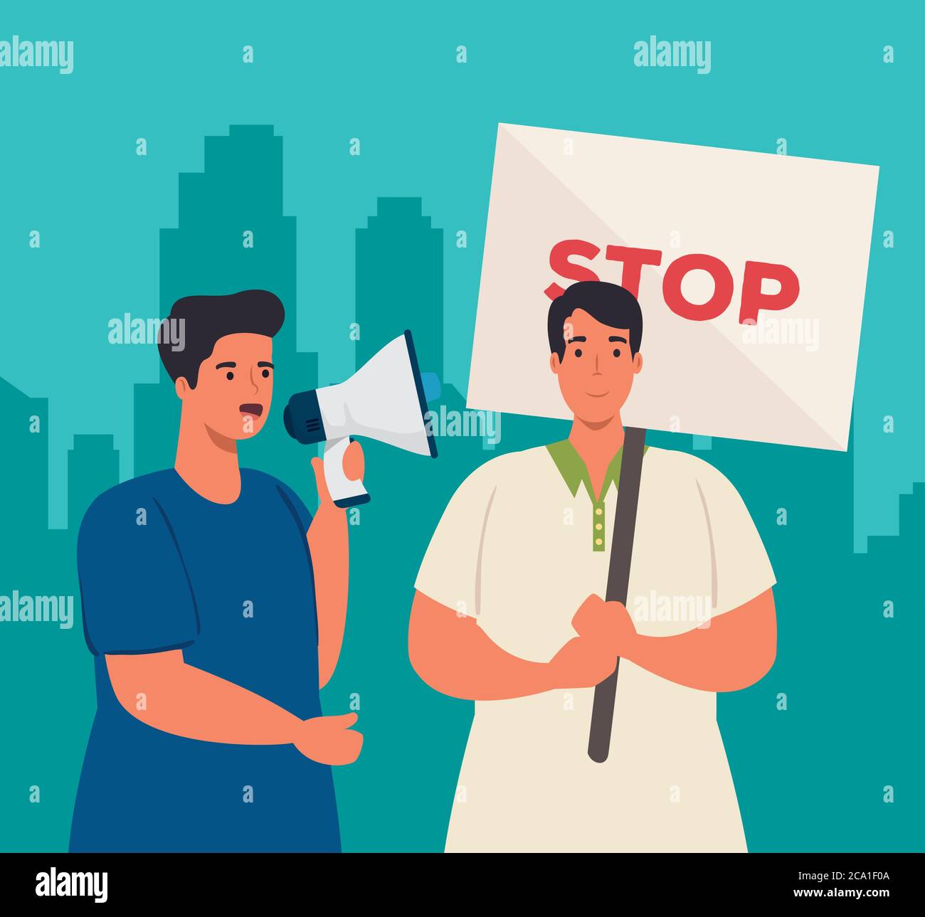 men protests with placard and megaphone, activists in strike ...