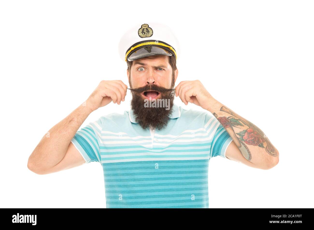 Man cheerful captain sailor hat trip around world, ocean wanderer ...