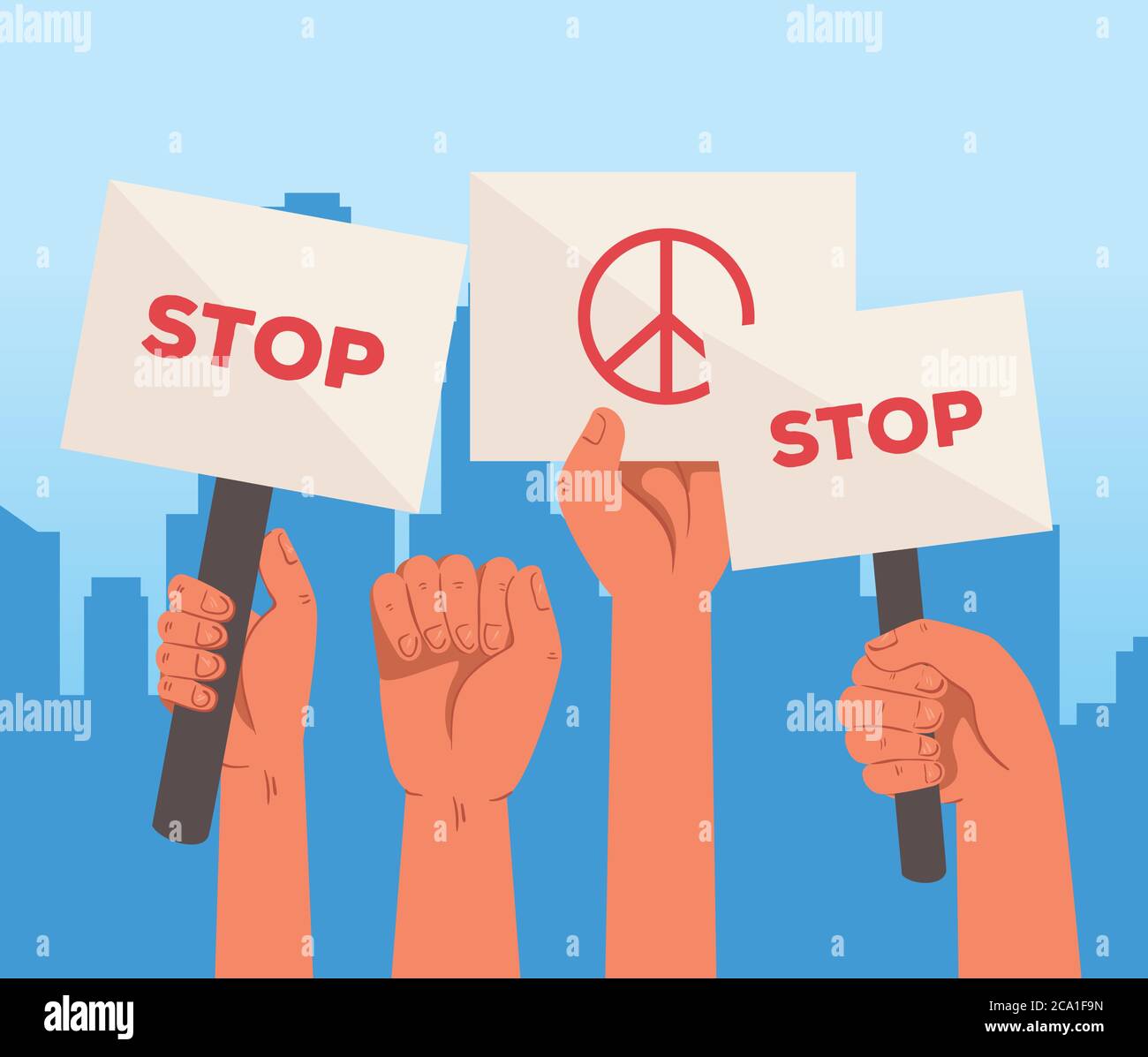 hands with protests placards, stop and peace and love sign, holding ...