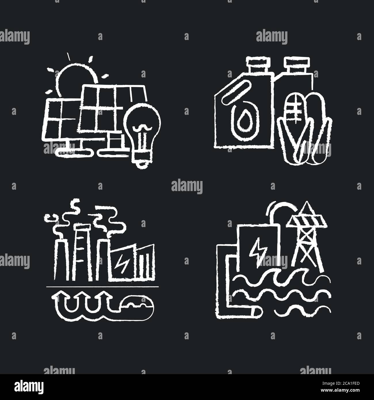 Alternative energy chalk white icons set on black background. Solar ...