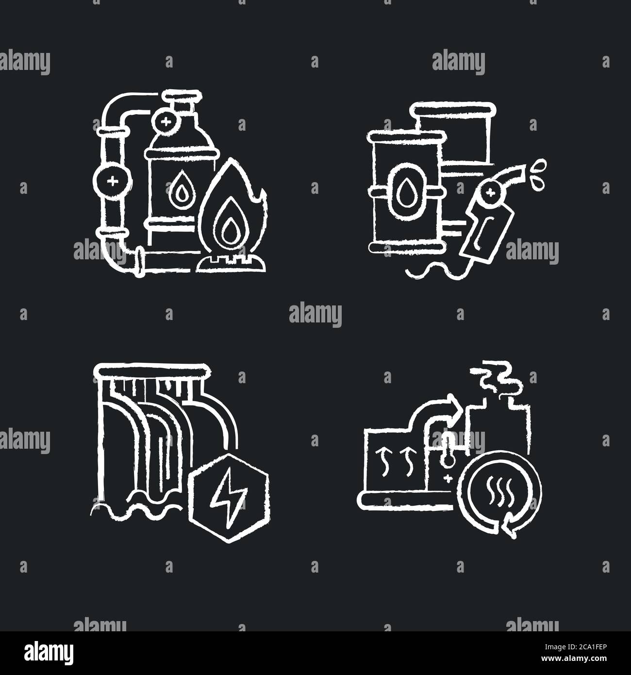 Power manufacturing chalk white icons set on black background. Natural ...