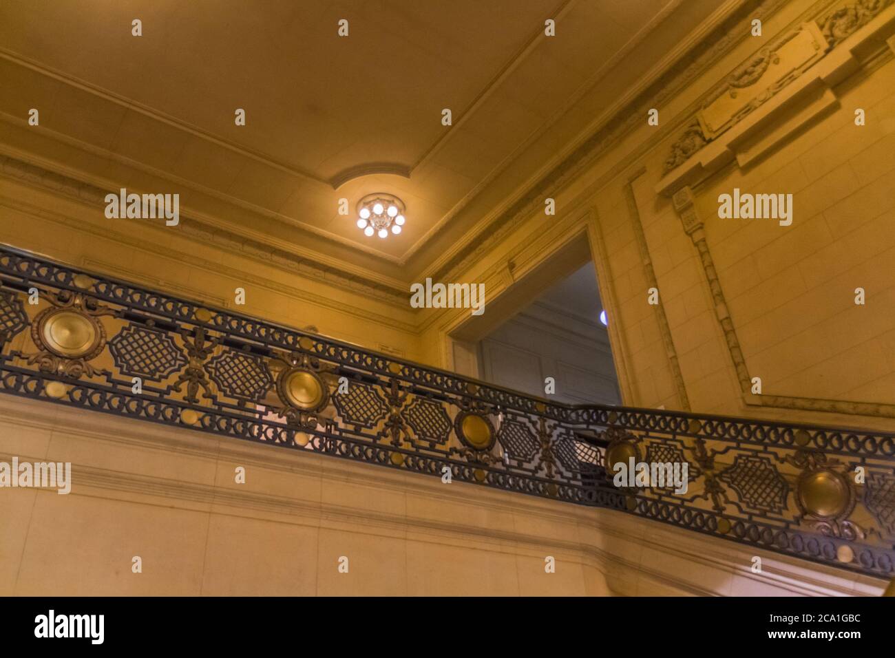 Ancient palace ceiling with golden chandelier at Bank of Brazil ...
