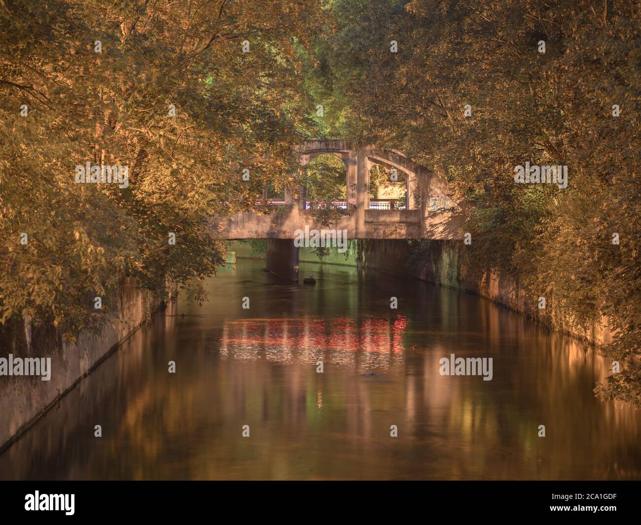 night scene with romantic arched bridge immersed in the thick ...