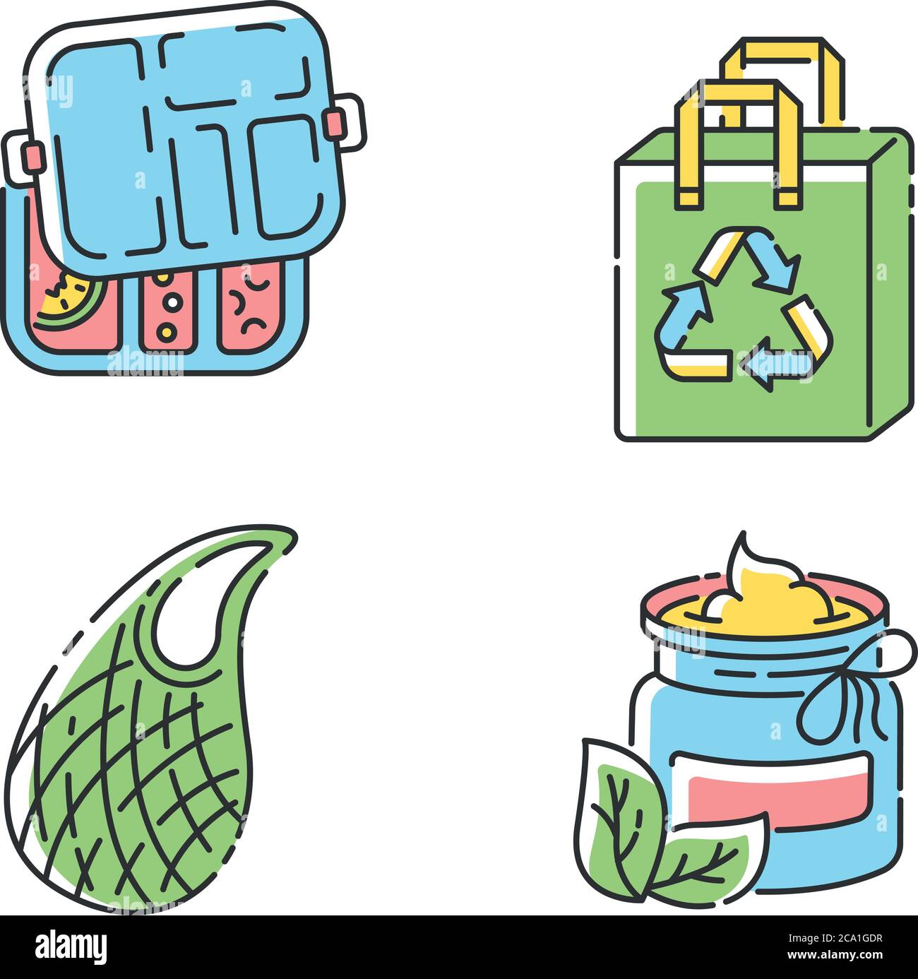 Environmentally safe products RGB color icons set. Mesh bag, organic ...