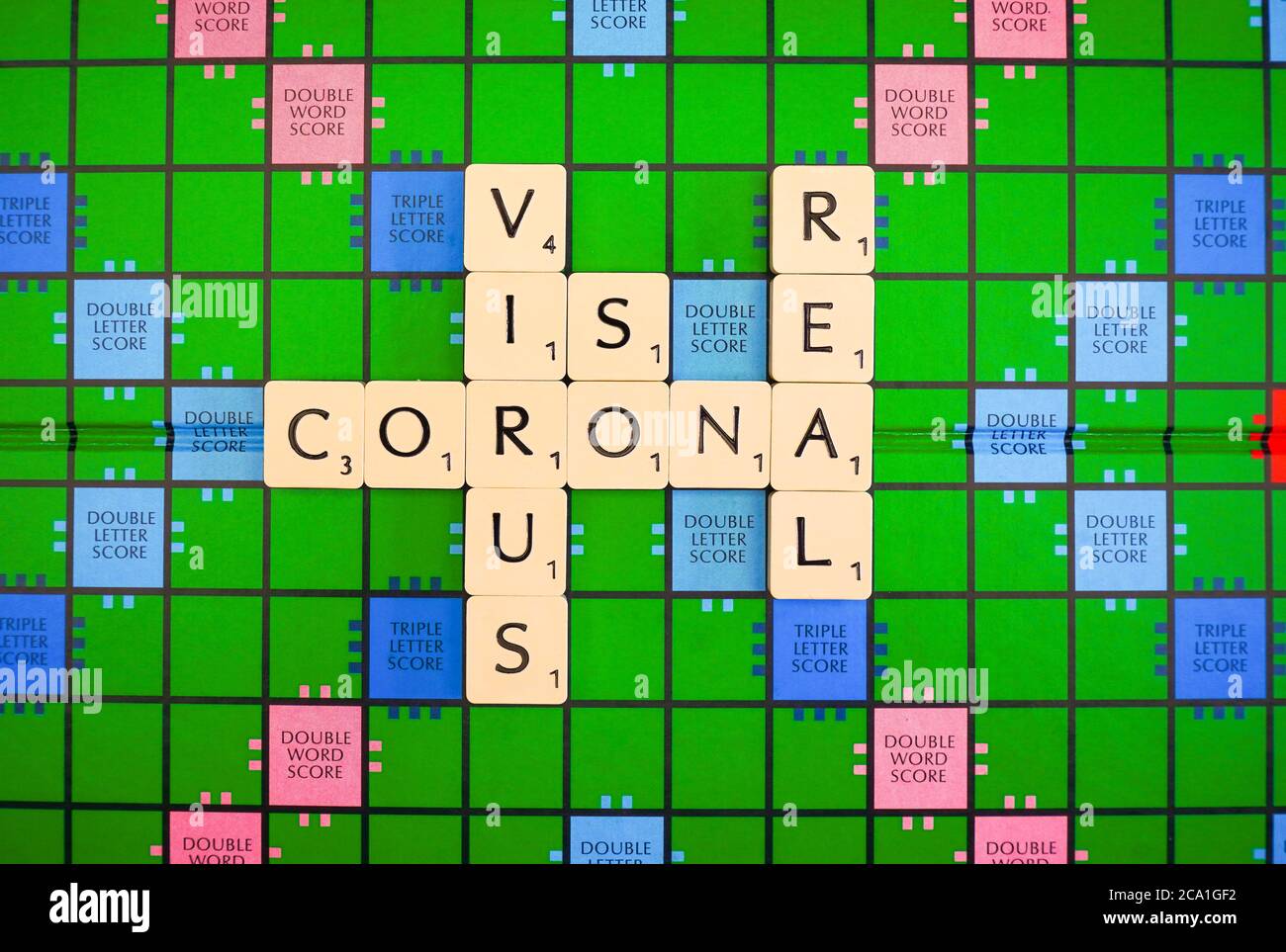 Close up of scrabble board game tiles spelling message CORONAVIRUS IS ...