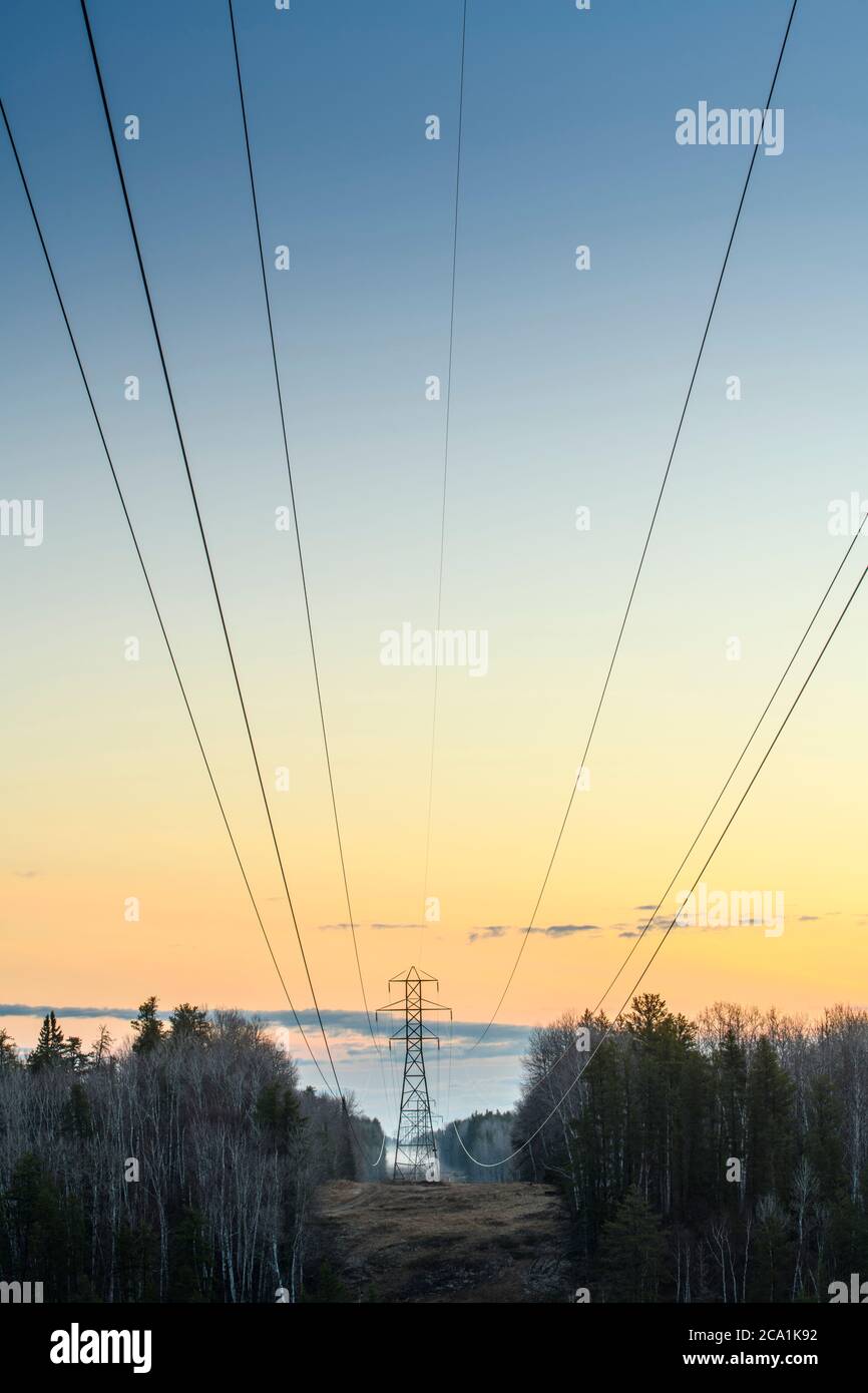 Power lines through the boreal forest, Timmins, Ontario, Canada Stock ...