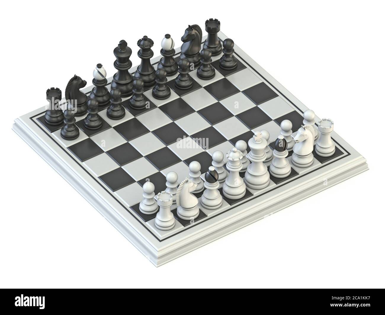 Chess board start position 3D render illustration isolated on white ...