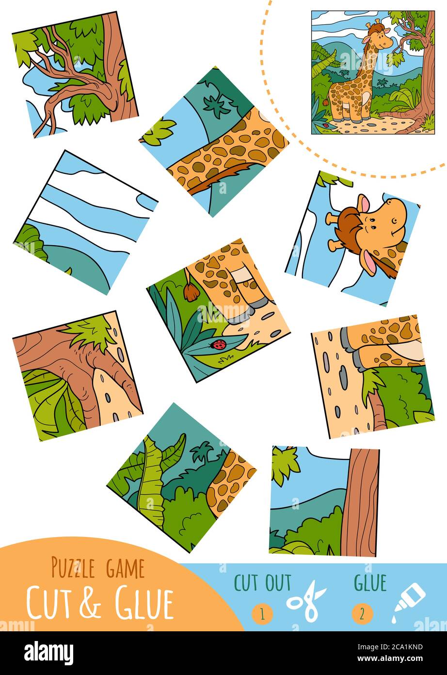 Education puzzle game for children, Giraffe. Use scissors and glue to ...