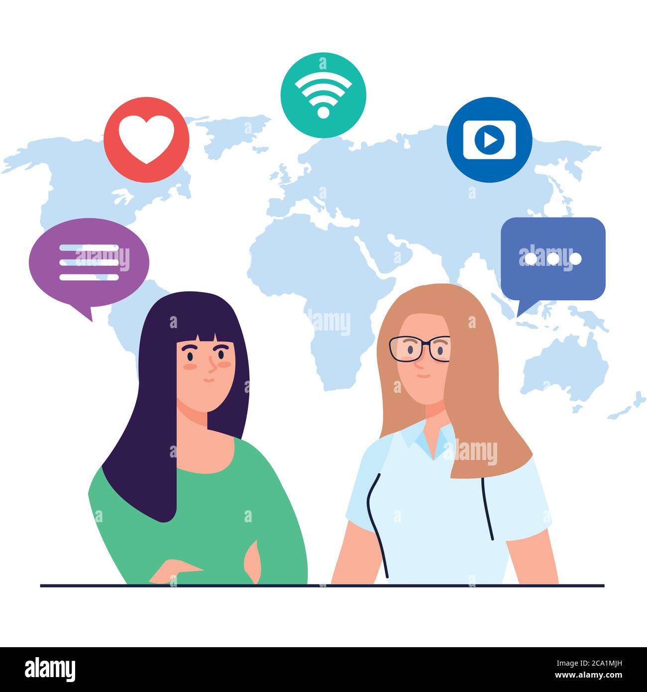 social network, women with world planet and social media icons, global ...
