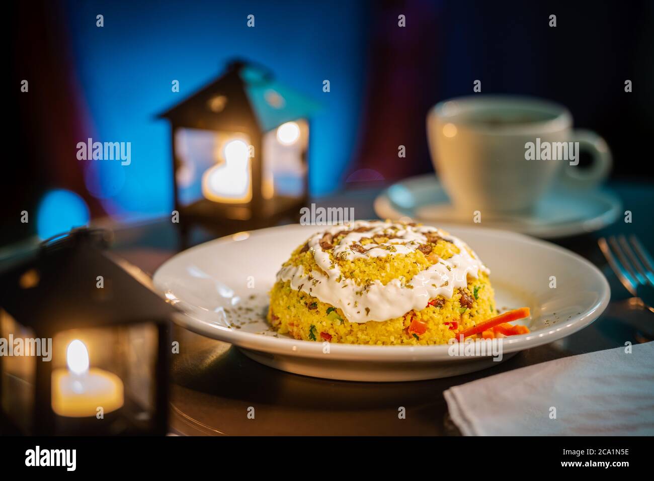 Brazilian gastronomy. Corn couscous with cream and vegetables Stock ...