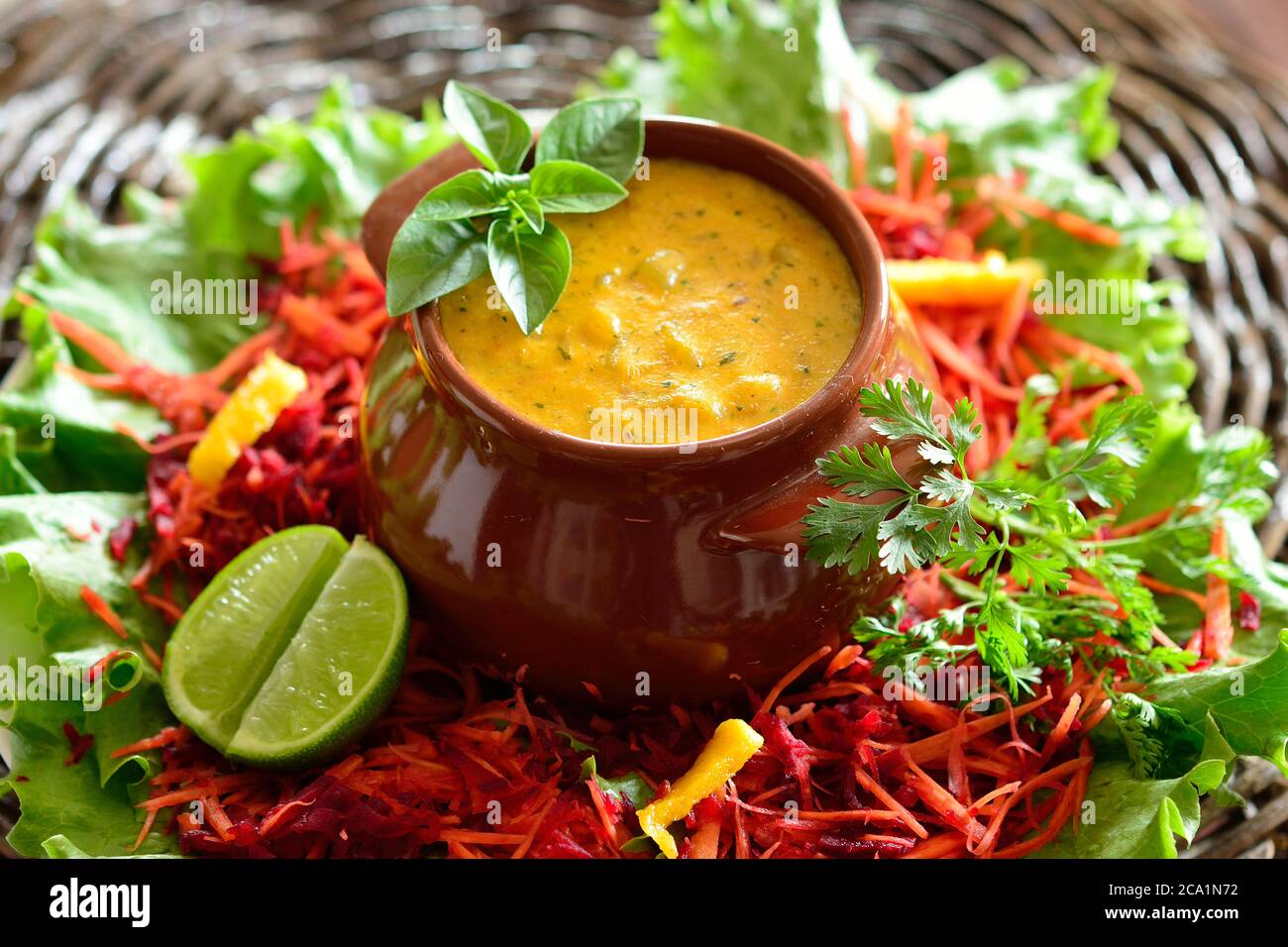 Brazilian gastronomy. Homemade vegetable and fish broth served in a ...