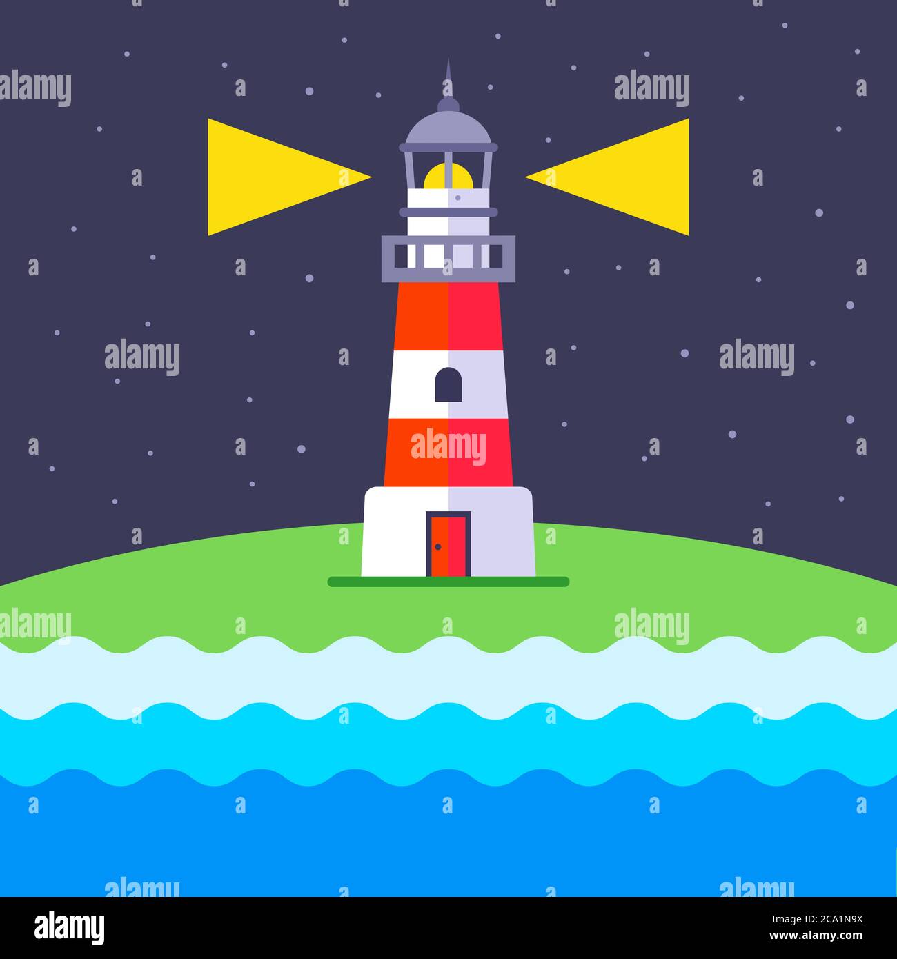 a lighthouse shines at night to guide ships. flat vector illustration ...