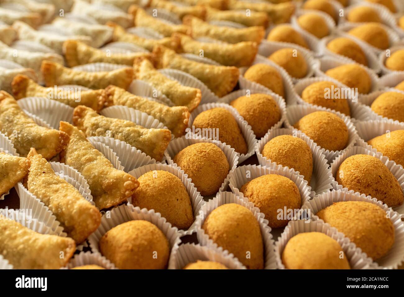 Brazilian gastronomy. Various snacks, such as pastries, chicken ...