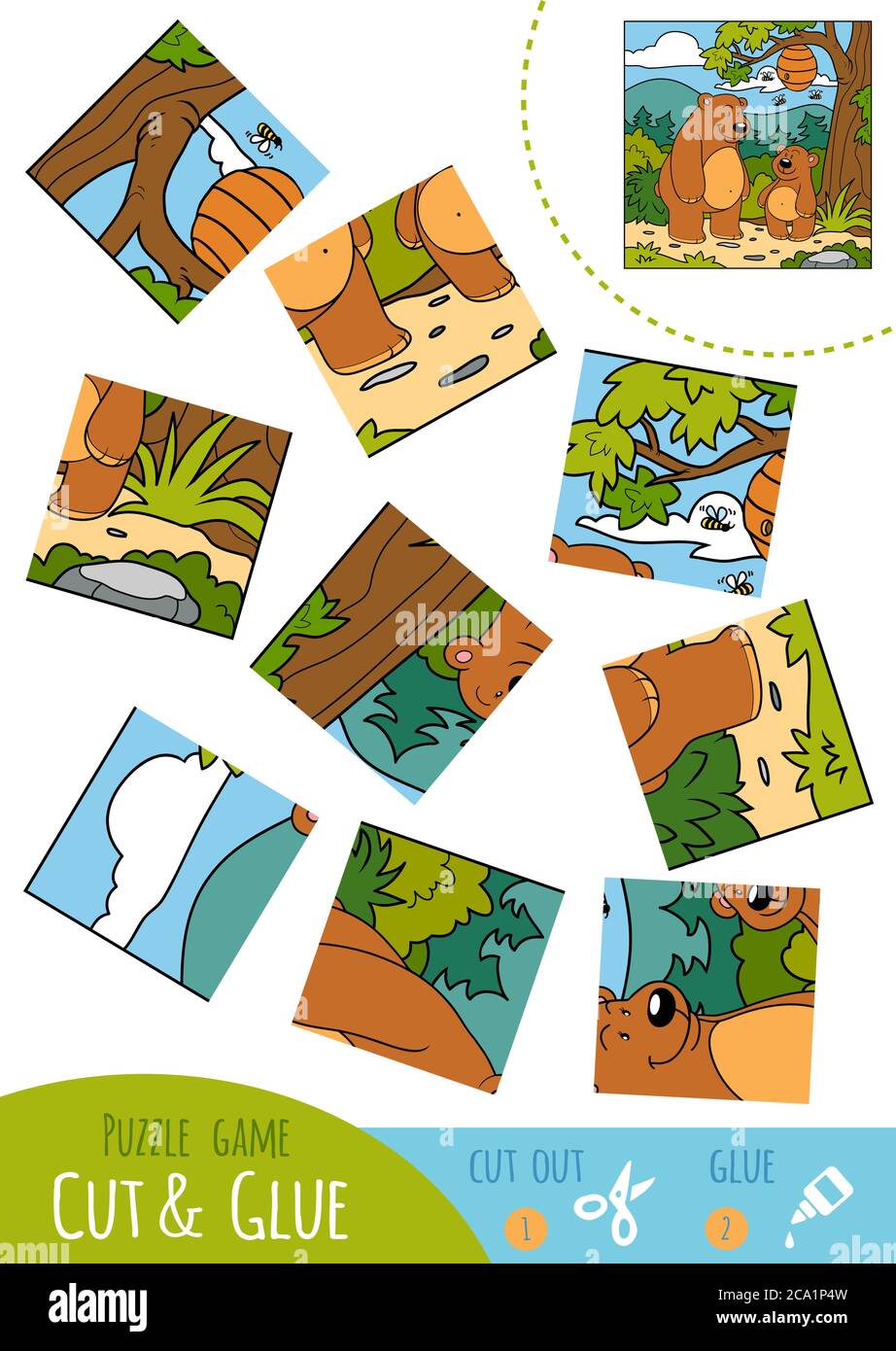 Education puzzle game for children, Two bears. Use scissors and glue to ...