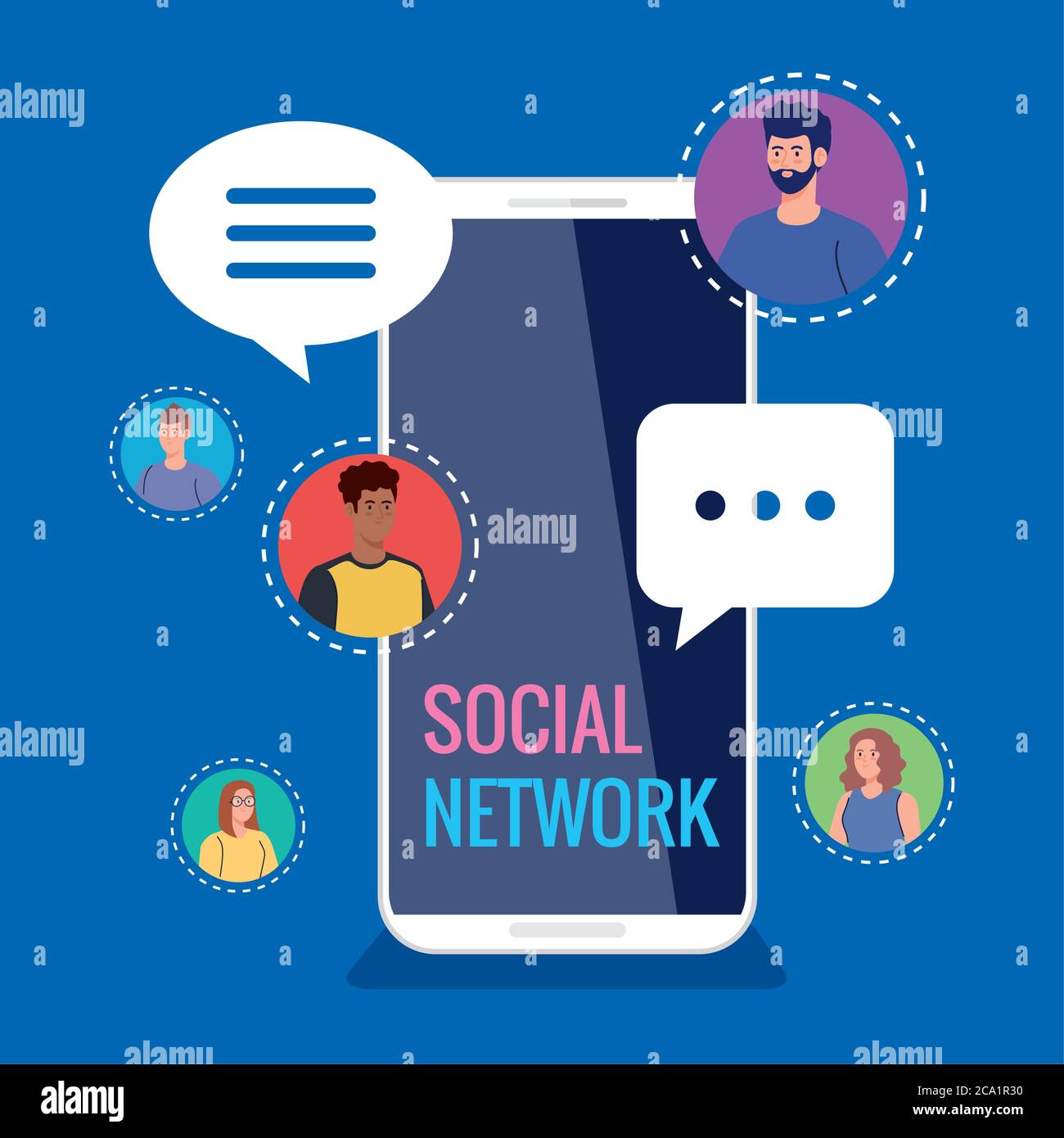 social network, people connected by smartphone, communicate and global ...