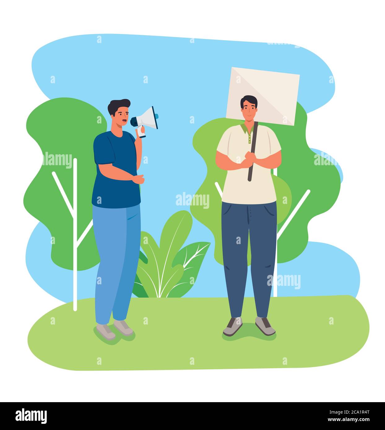 men protests with placard and megaphone outdoor, activists in strike ...