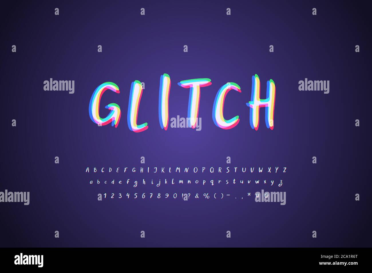 Digital glitch Alphabet white multicolor on dark background. Modern ...