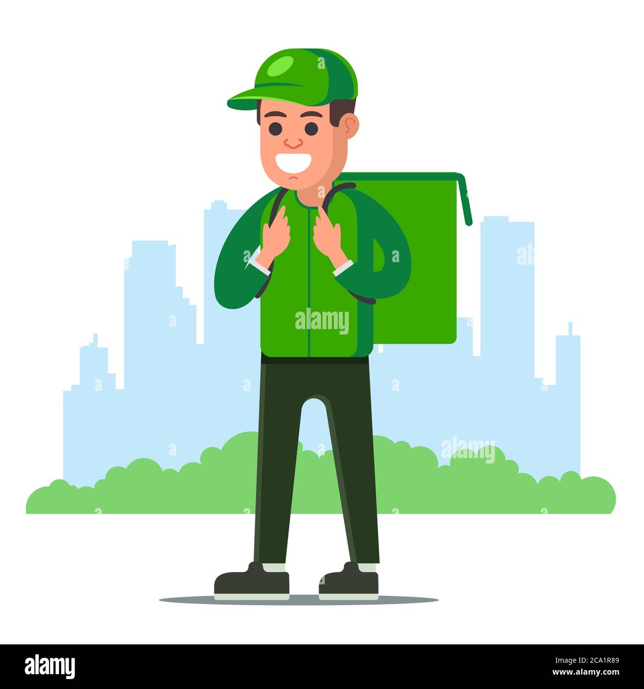 food delivery man in green uniform on a city background. flat vector ...