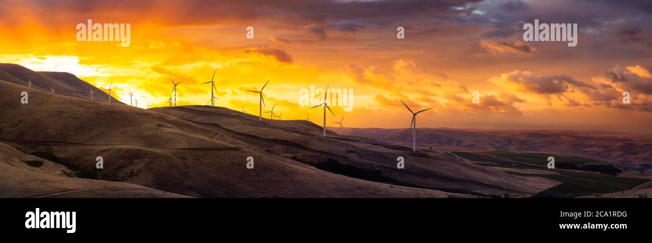 Beautiful Panoramic Landscape View of Wind Turbines on a Windy Hill ...