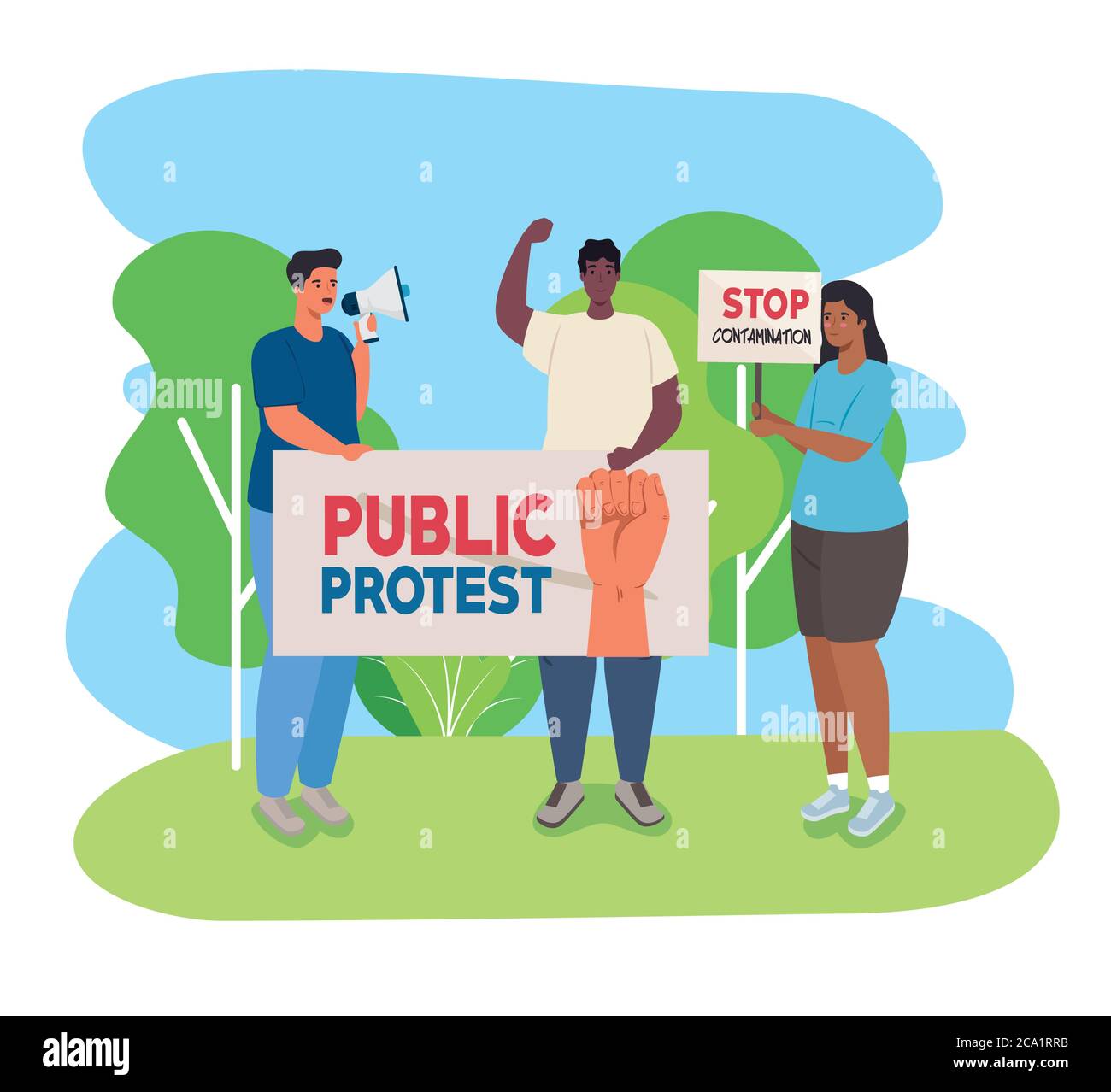 people with protests placards and megaphone, activists with strike ...