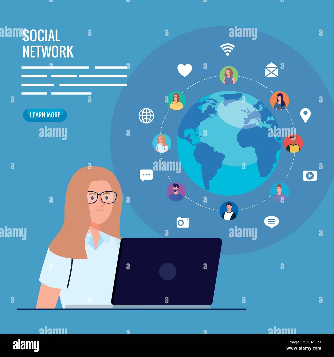 poster of social network, woman connected in laptop, communication and ...