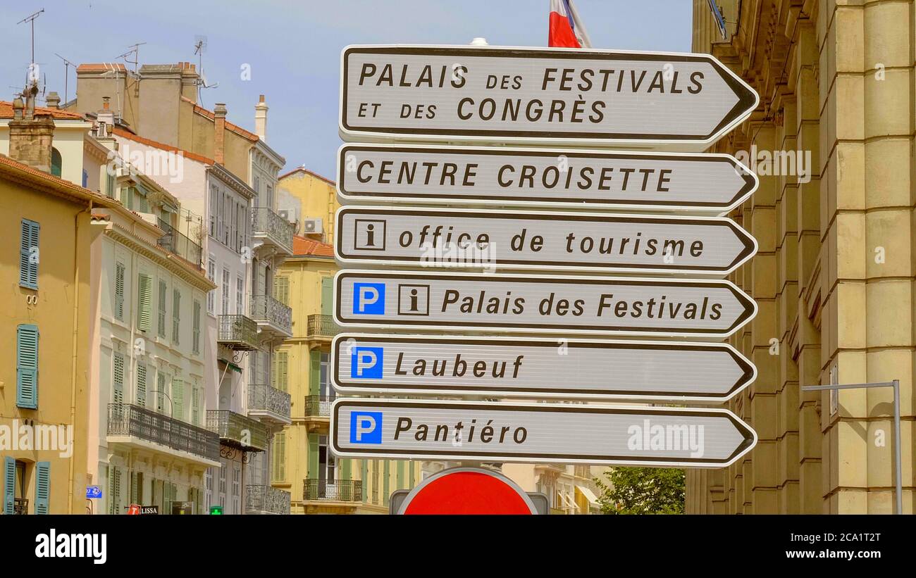 Direction signs in the city of Cannes in France Stock Photo - Alamy