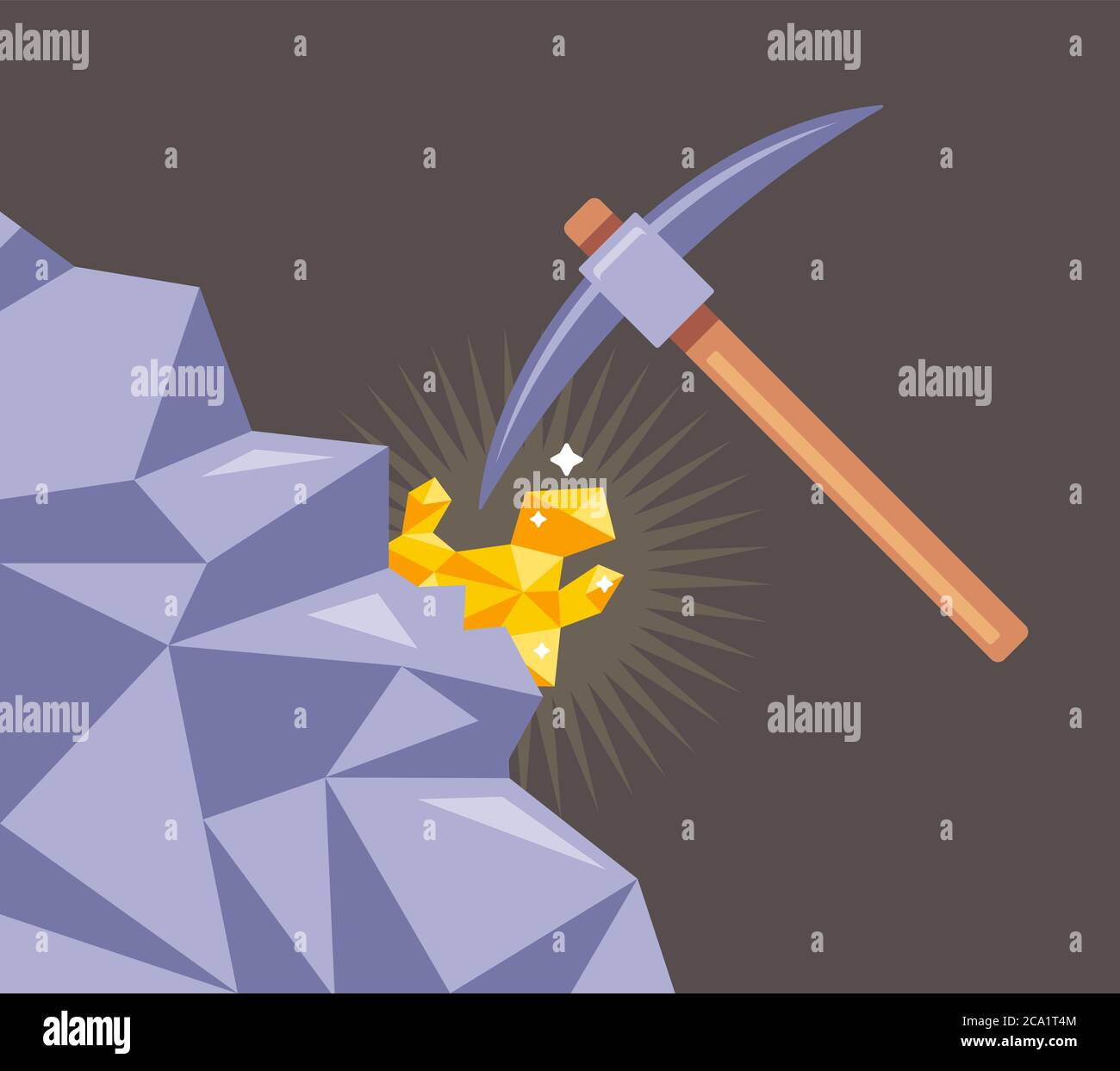 mining of gold from rocks. cut the mineral with a pickaxe from the ...