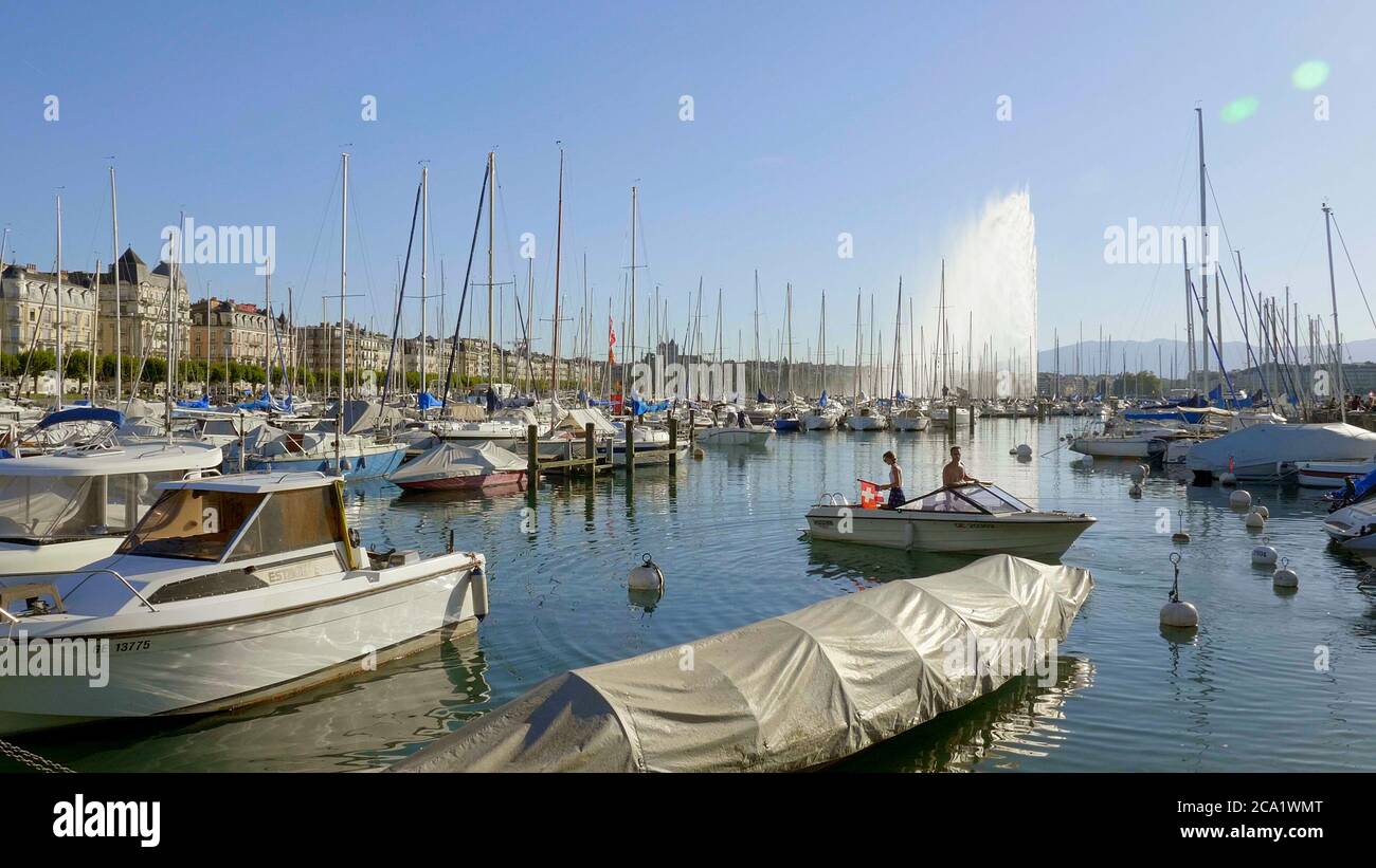 Small harbor and marina on Lake Geneva - GENEVA, SWITZERLAND - JULY 8 ...