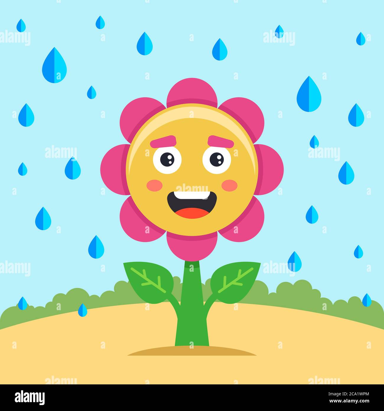 rain is dripping on a joyful flower. arid summer. Flat character vector ...