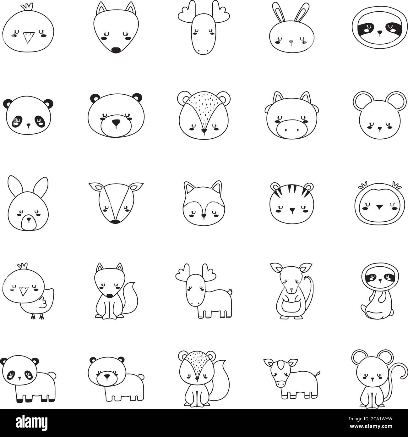 Cute animals cartoons line style icons group design, zoo life nature ...