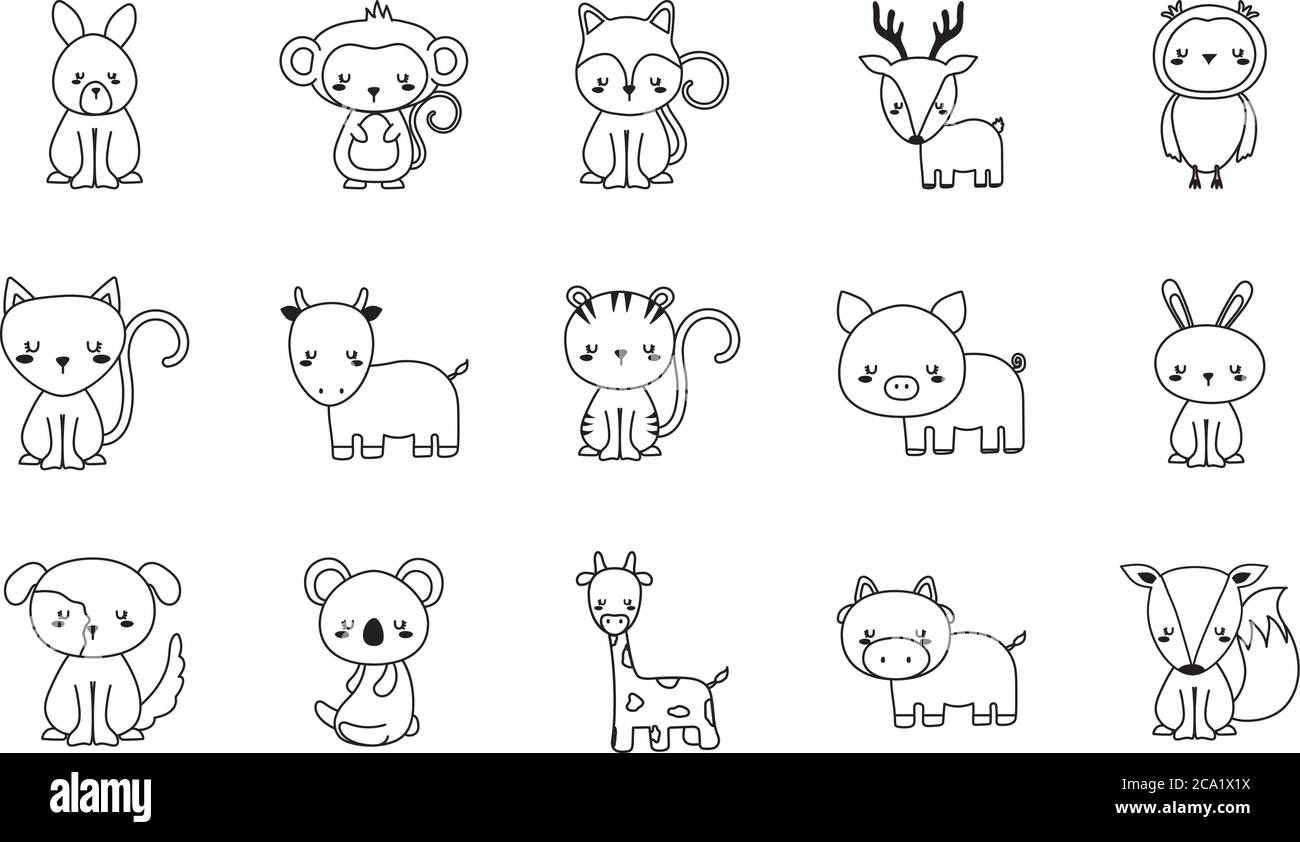 Cute animals cartoons line style set of icons design, zoo life nature ...