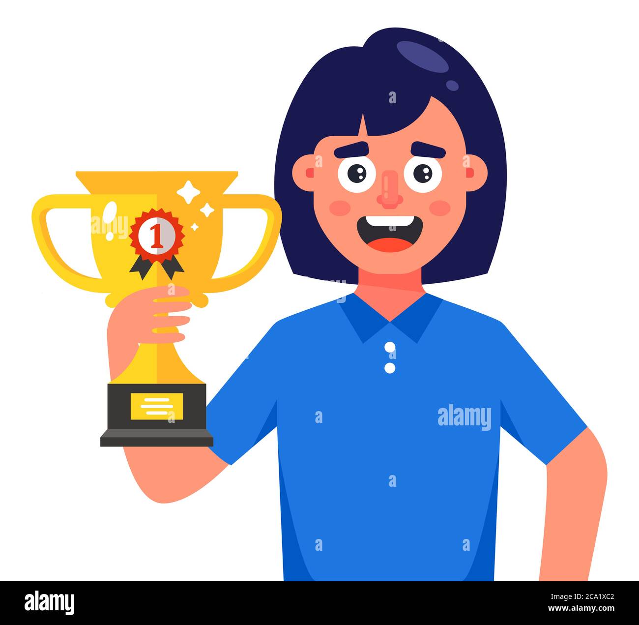 happy girl with a winner cup on a white background. Flat character ...