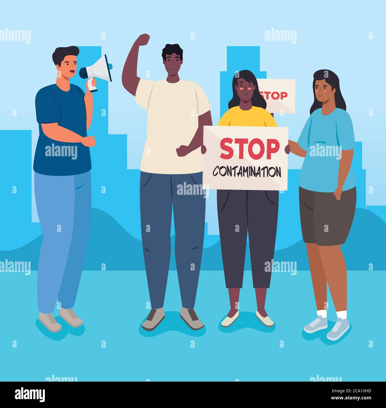 people with protests placards and megaphone, activists with strike ...