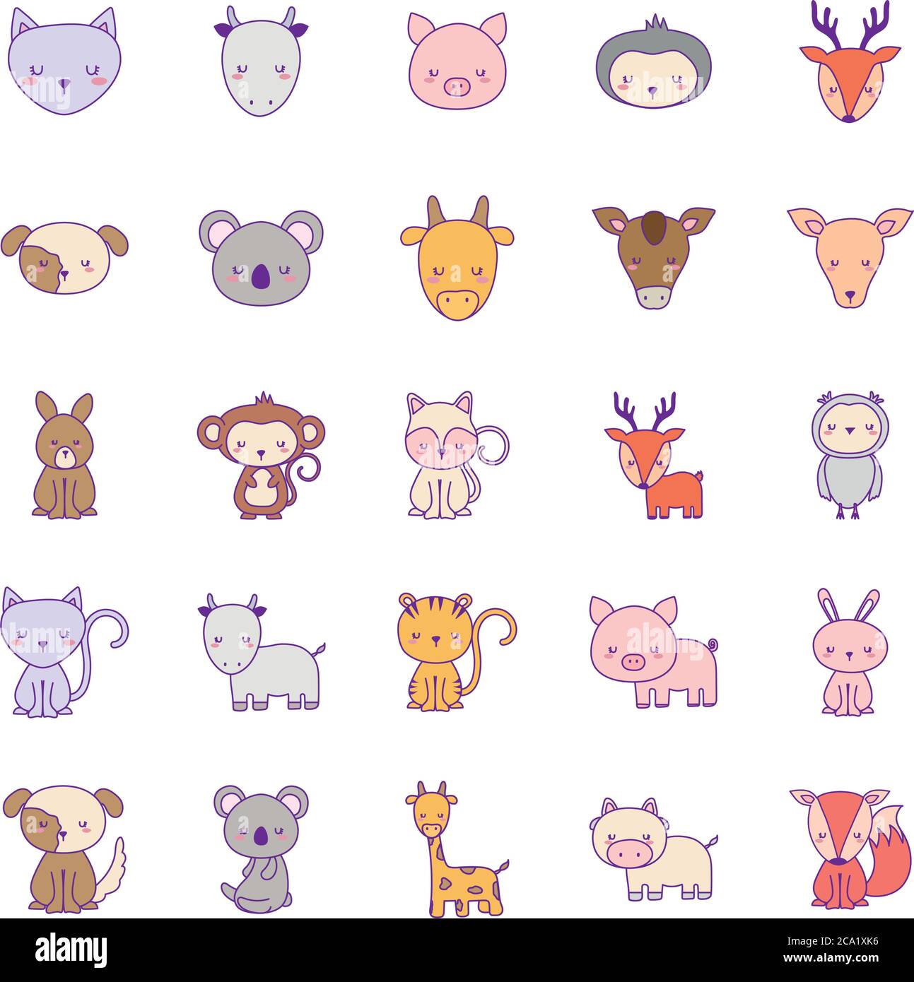 Cute animals cartoons line and fill style icon set design, zoo life ...