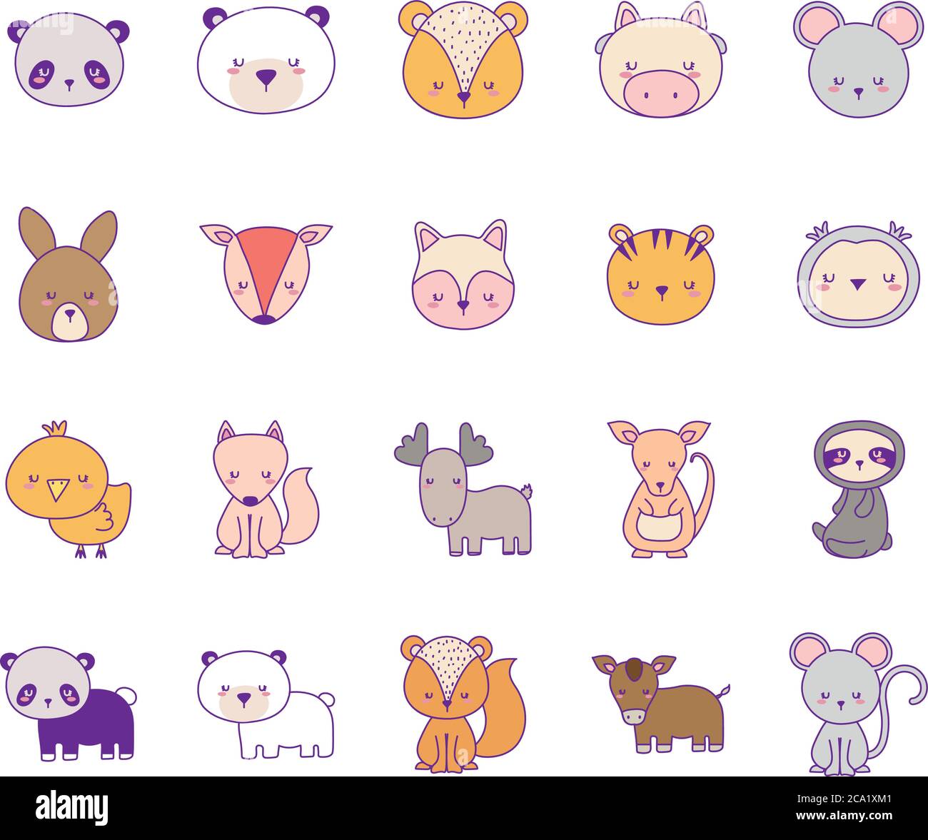 Cute animals cartoons line and fill style icons collection design, zoo ...