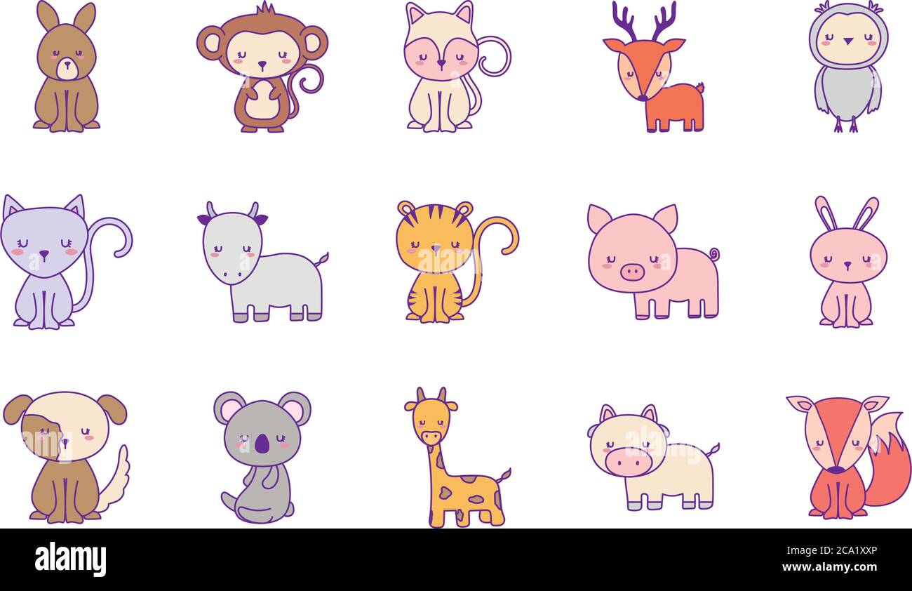 Cute animals cartoons line and fill style set of icons design, zoo life ...