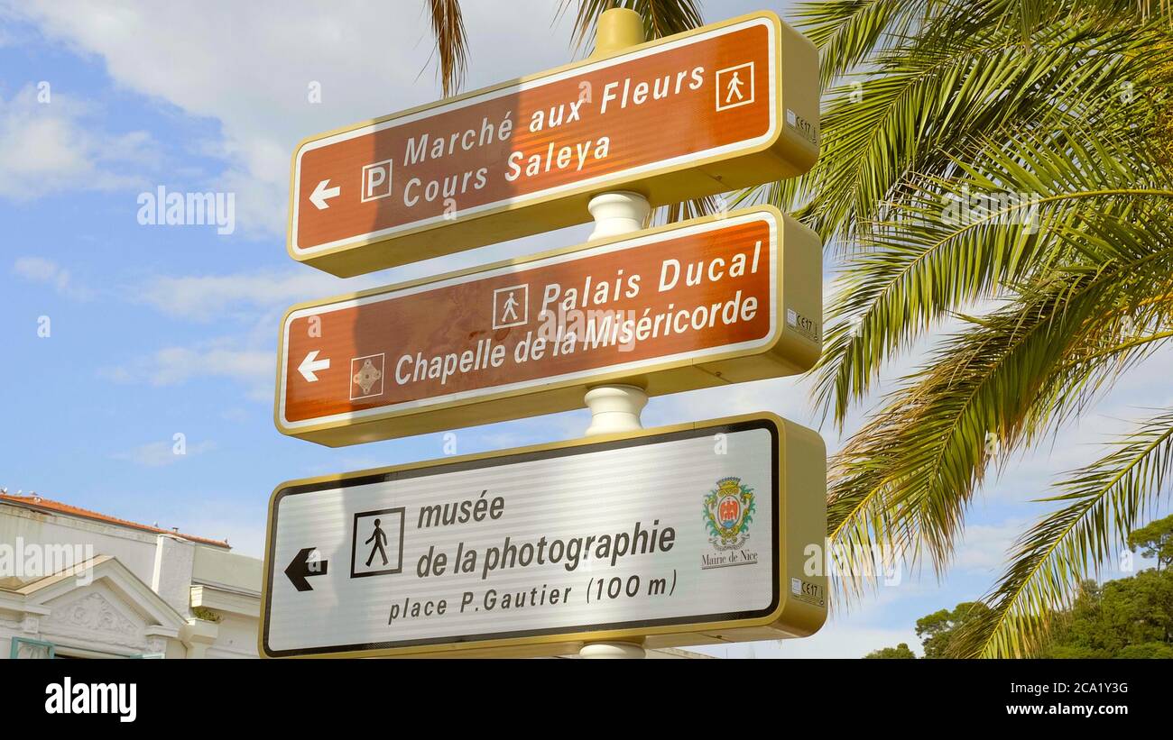 Direction signs in the city of Nice - CITY OF NICE, FRANCE - JULY 10 ...