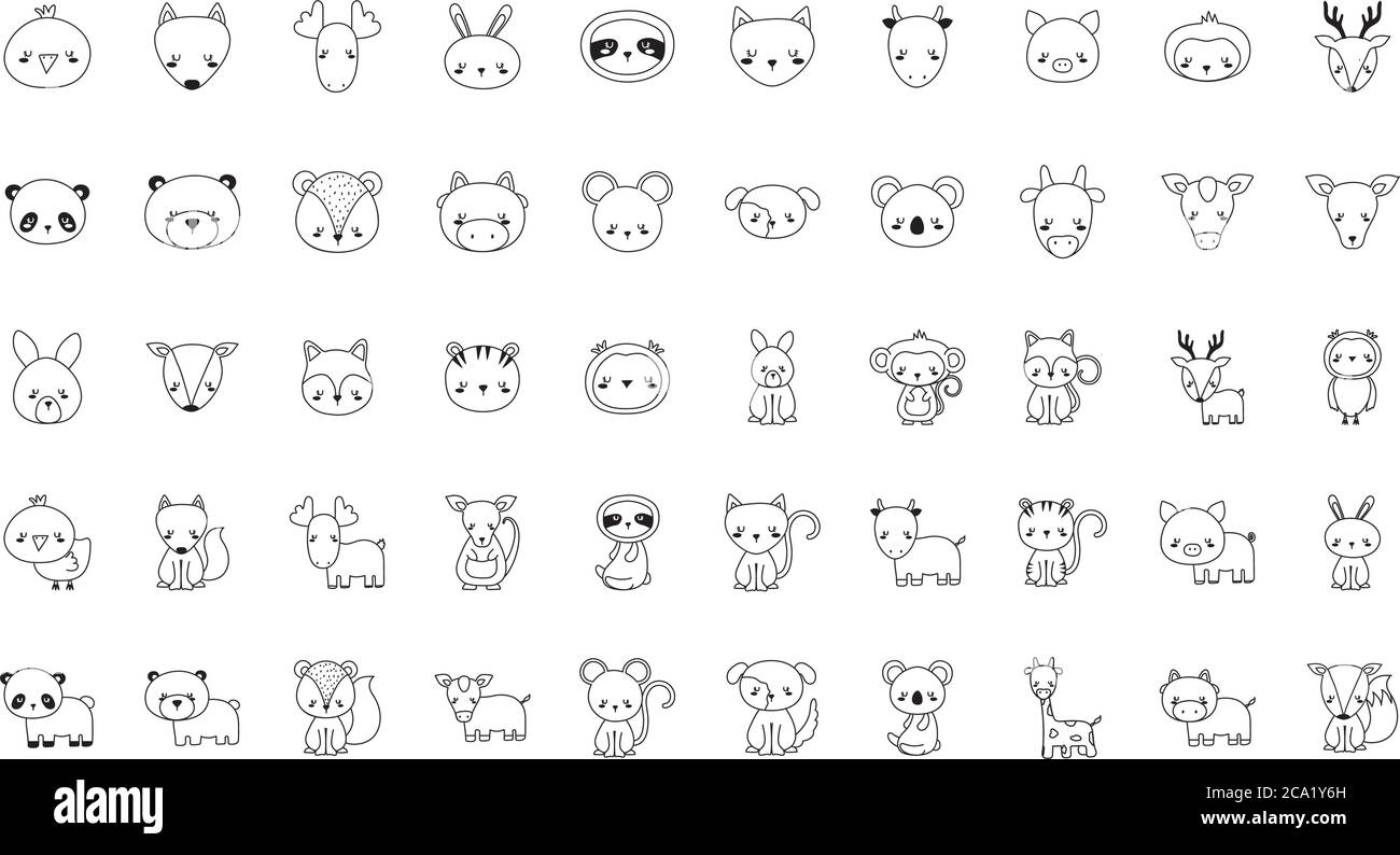 Cute animals cartoons line style 50 icon set design, zoo life nature ...