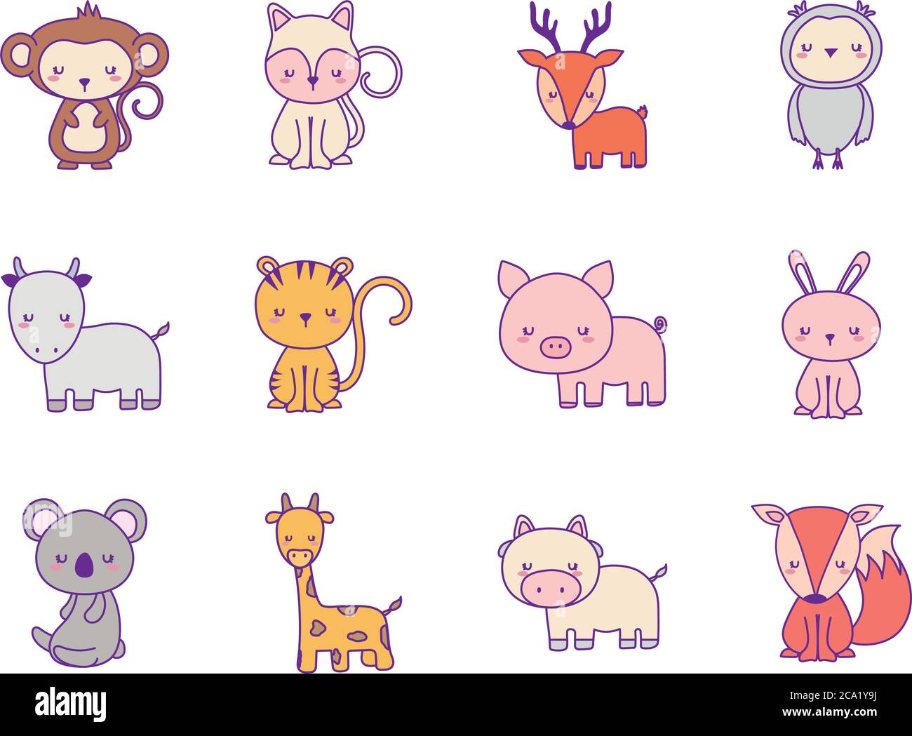 Cute animals cartoons line and fill style set icons design, zoo life ...