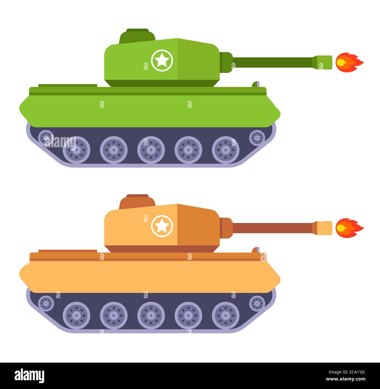 a set of tanks that fire a cannon. Flat vector illustration of military ...