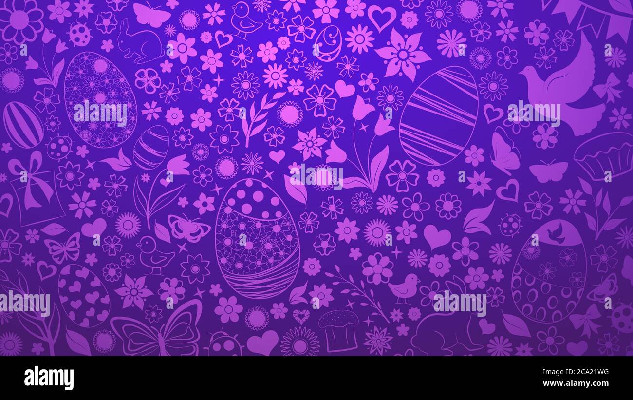 Background of eggs, flowers, cakes, hare, hen, chicken and other Easter ...