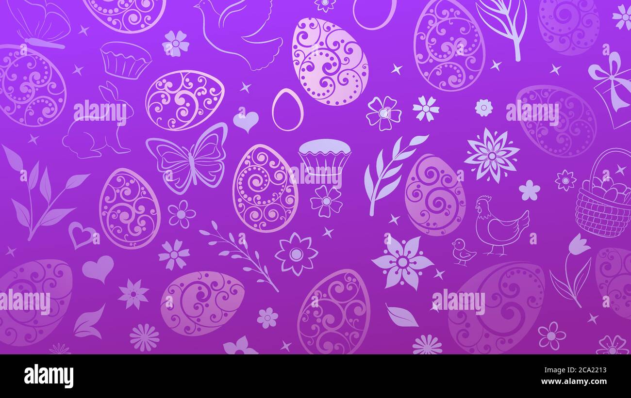 Background of eggs, flowers, cakes, hare, hen, chicken and other Easter ...