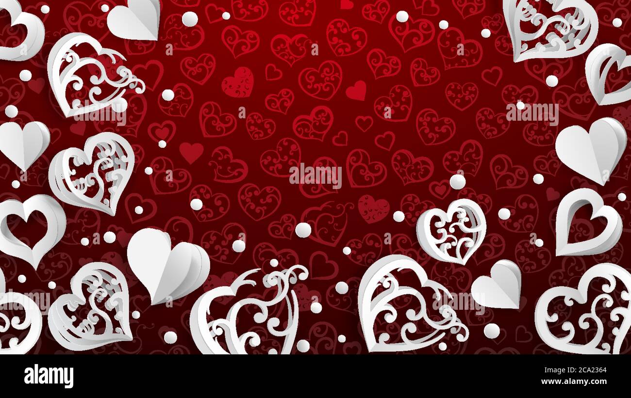 Background with paper volume hearts with curls and confetti, white on ...