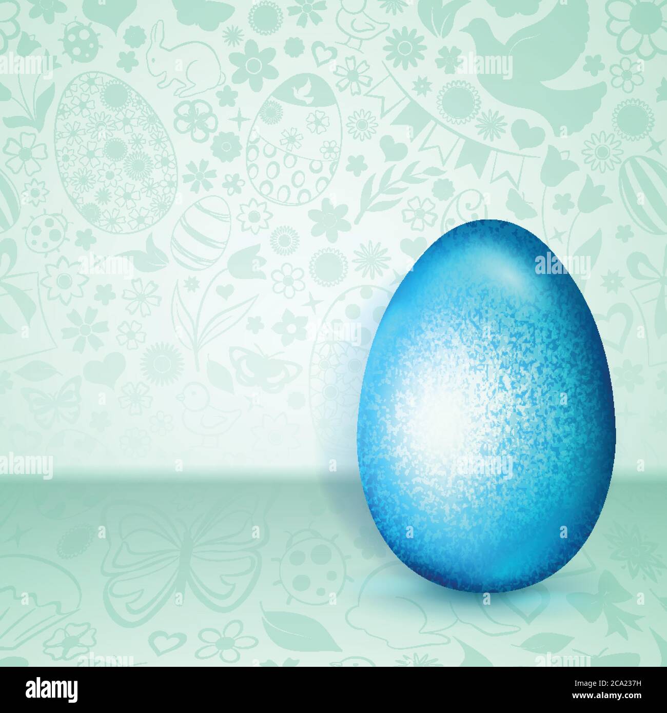Big light blue Easter egg standing on green background of flowers ...